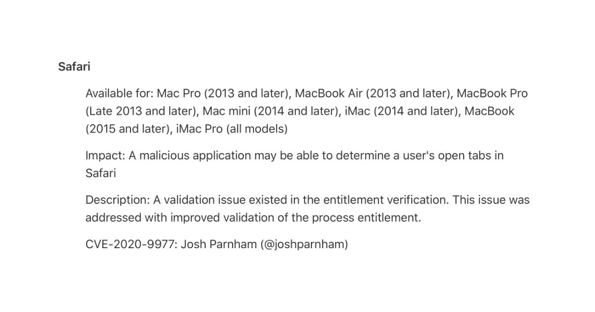 Josh Parnham Accessing Sensitive Safari Browsing Data On Macos Cve 2020 9977
